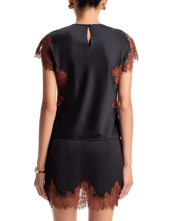 Aqua Cap Sleeve Lace Trim Satin Top Exclusive