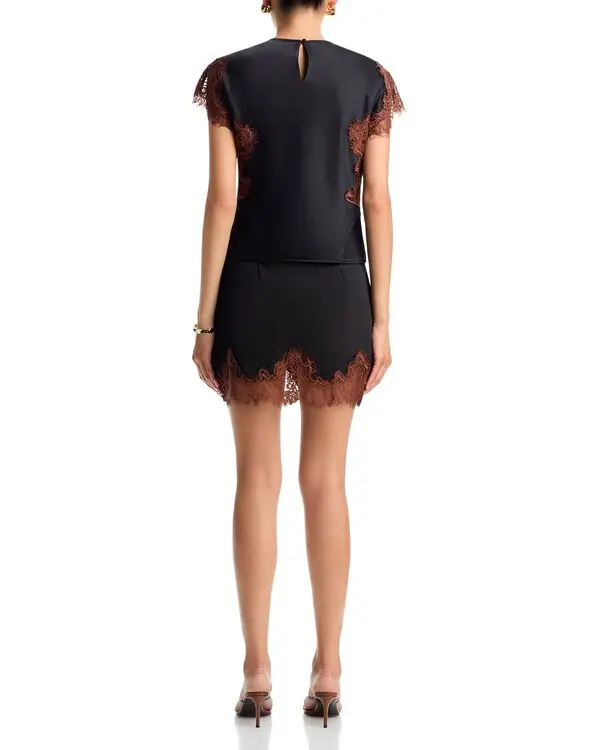 Aqua Cap Sleeve Lace Trim Satin Top Exclusive