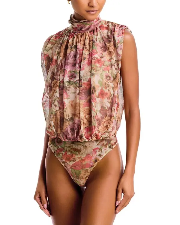 Aqua Mock Neck Mesh Blouson Bodysuit Exclusive - Brown Multi