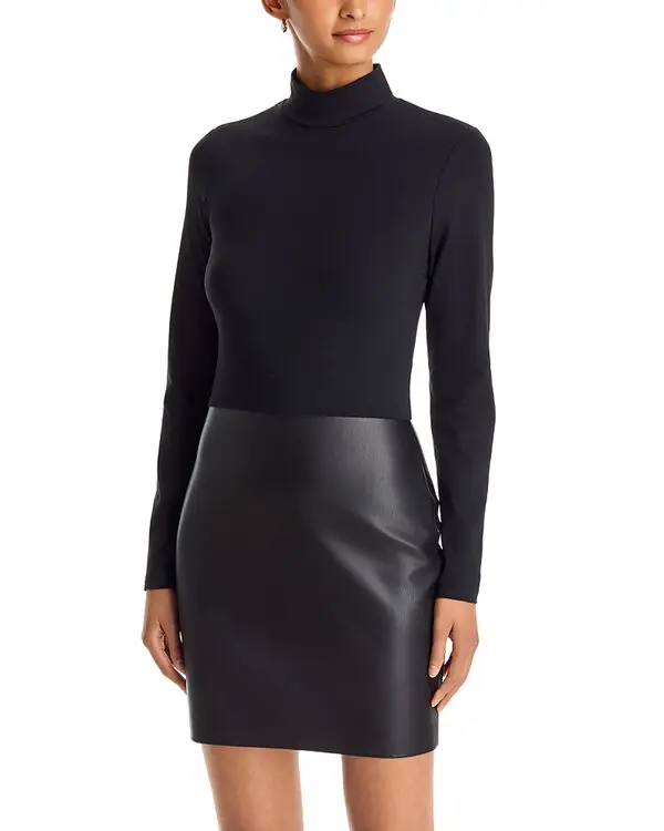 Aqua Turtleneck Mixed Media Faux Leather Dress - Black