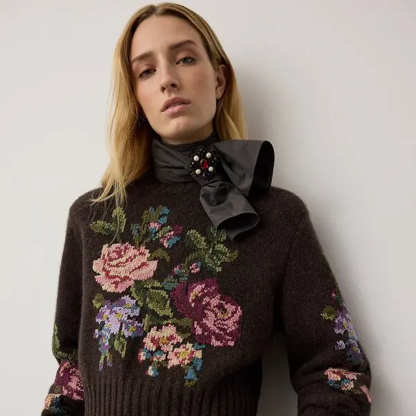 Ralph Lauren Floral Cashmere Crewneck Sweater - Chocolate/brown Multi