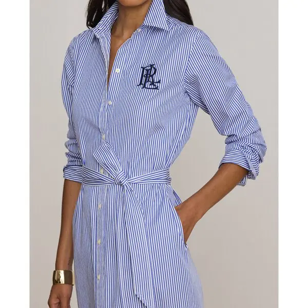 Ralph Lauren Striped Cotton Broadcloth Belted Shirtdress