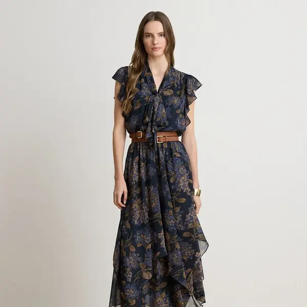 Ralph Lauren Floral Crinkle Georgette Tie-neck Dress - Navy Multi
