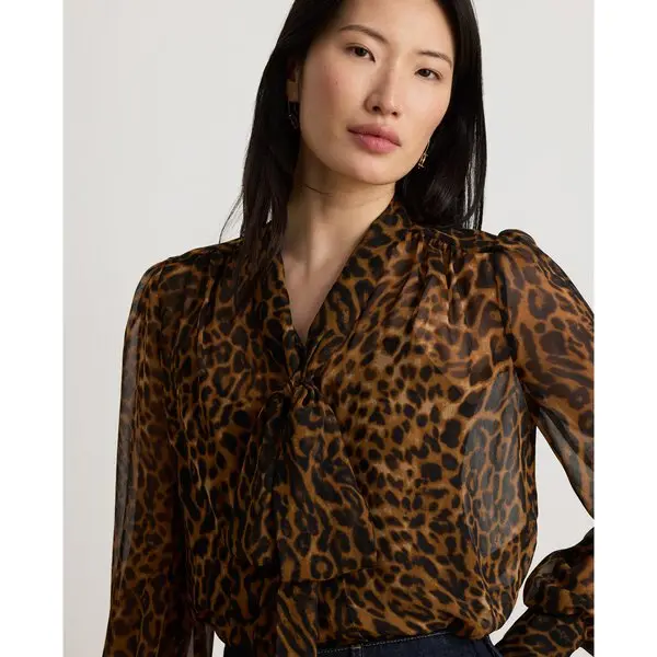 Ralph Lauren Ocelot-print Chiffon Tie-neck Blouse