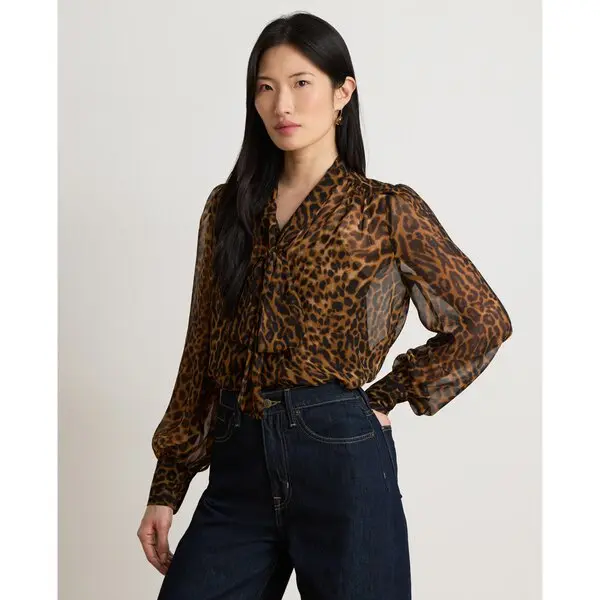 Ralph Lauren Ocelot-print Chiffon Tie-neck Blouse