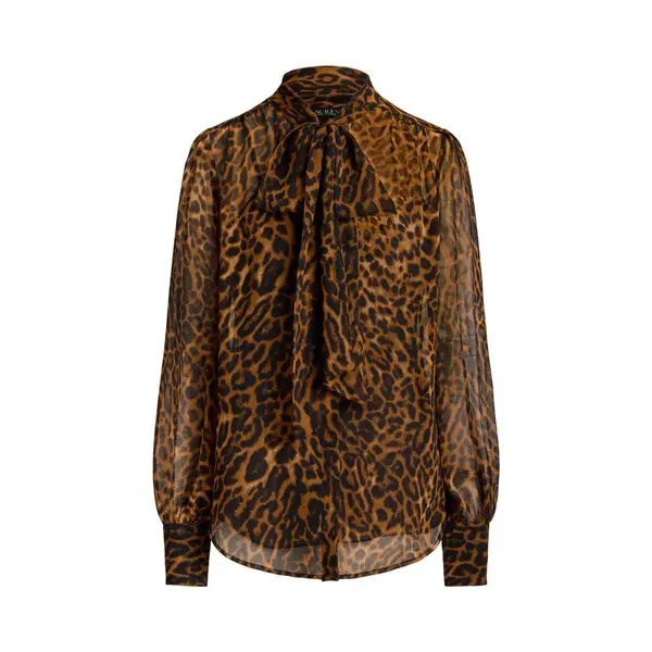 Ralph Lauren Ocelot-print Chiffon Tie-neck Blouse