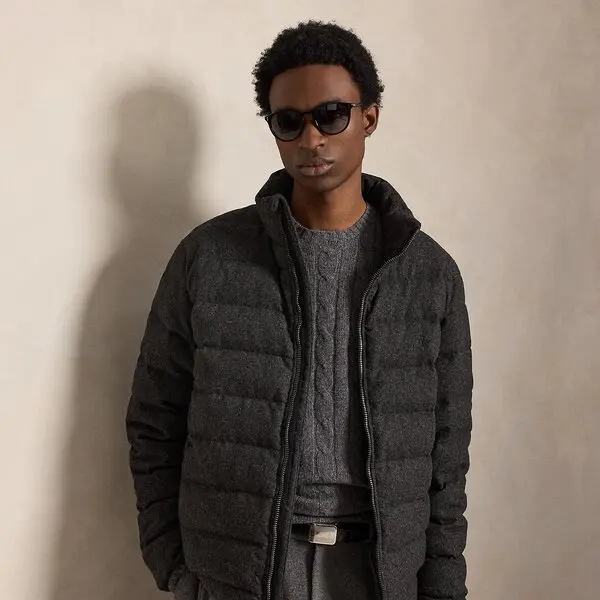 Ralph Lauren Golden Herringbone Down Jacket With Embroidered Polo Pony - Charcoal