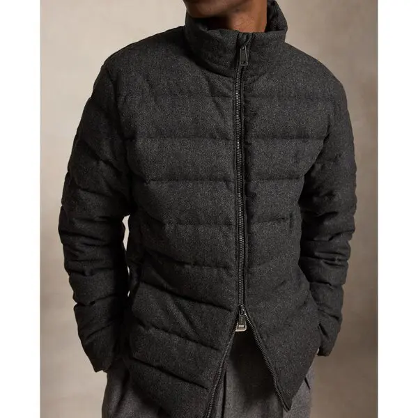 Ralph Lauren Golden Herringbone Down Jacket With Embroidered Polo Pony - Charcoal