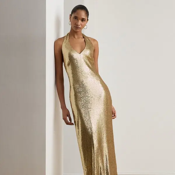 Ralph Lauren Sequined Tulle Halter Gown