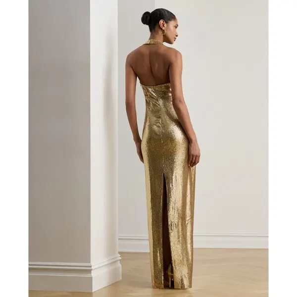 Ralph Lauren Sequined Tulle Halter Gown
