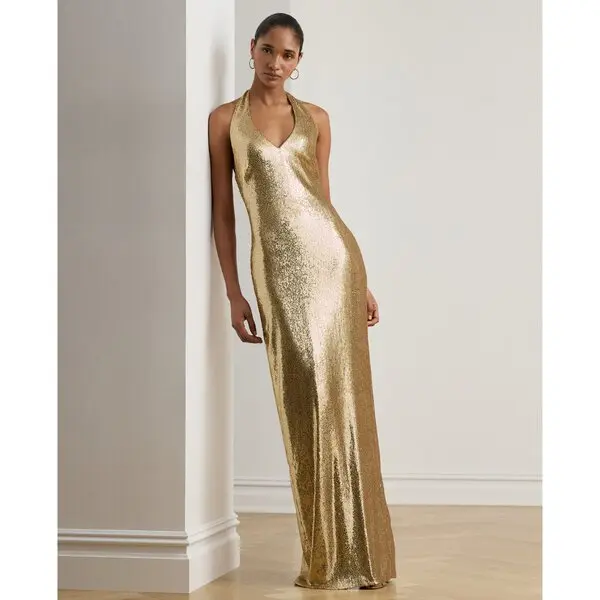 Ralph Lauren Sequined Tulle Halter Gown