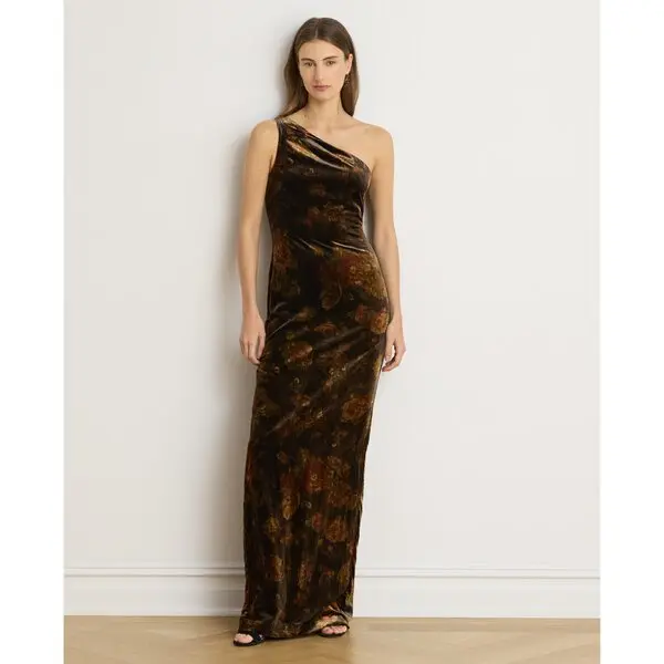 Ralph Lauren Floral Velvet One-shoulder Gown