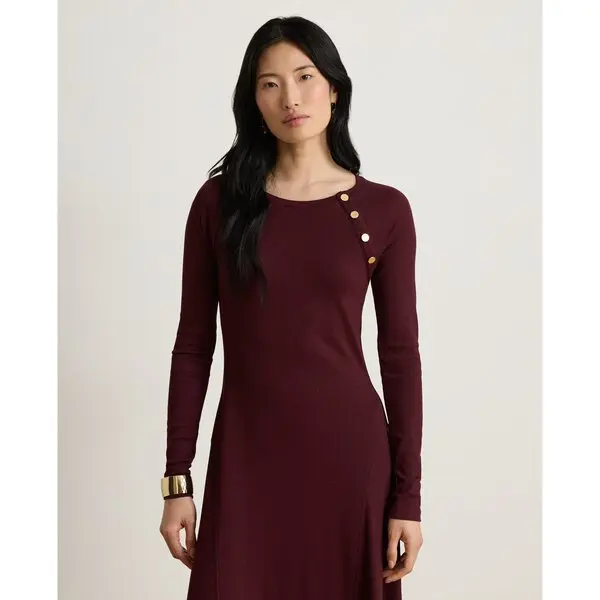 Ralph Lauren Button-trim Ribbed Cotton-blend Dress - Dark Garnet
