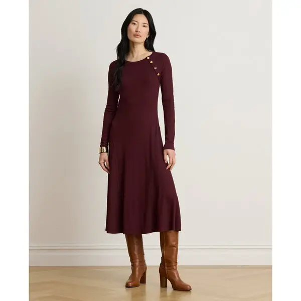 Ralph Lauren Button-trim Ribbed Cotton-blend Dress - Dark Garnet