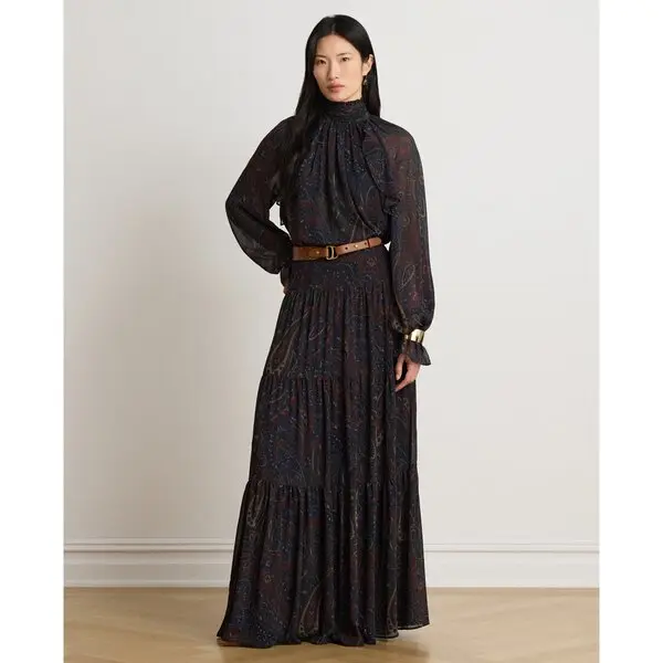 Ralph Lauren Paisley Georgette Tiered Maxiskirt - Navy Multi