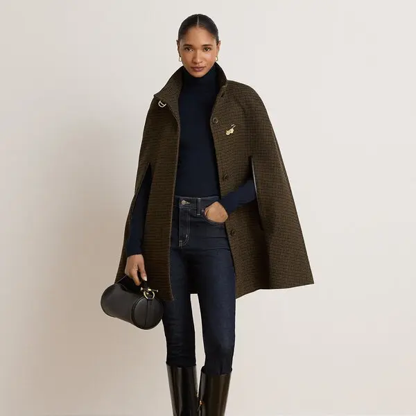 Ralph Lauren Houndstooth Buckle-trim Mockneck Cape - Forest/black Mini