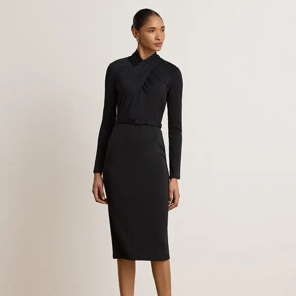 Ralph Lauren Belted Mock Neck Jersey Sheath Dress - Black