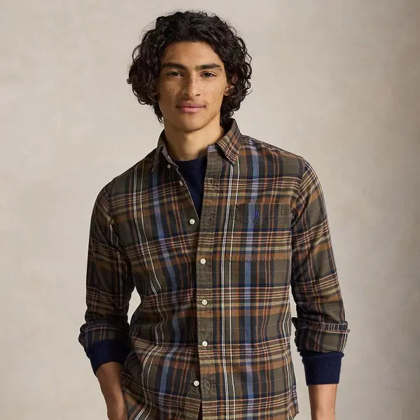 Ralph Lauren Classic Fit Plaid Oxford Shirt - Olive Brown Multi