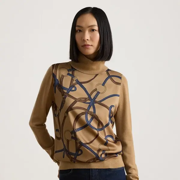 Ralph Lauren Belting-print Turtleneck Sweater - Camel Multi