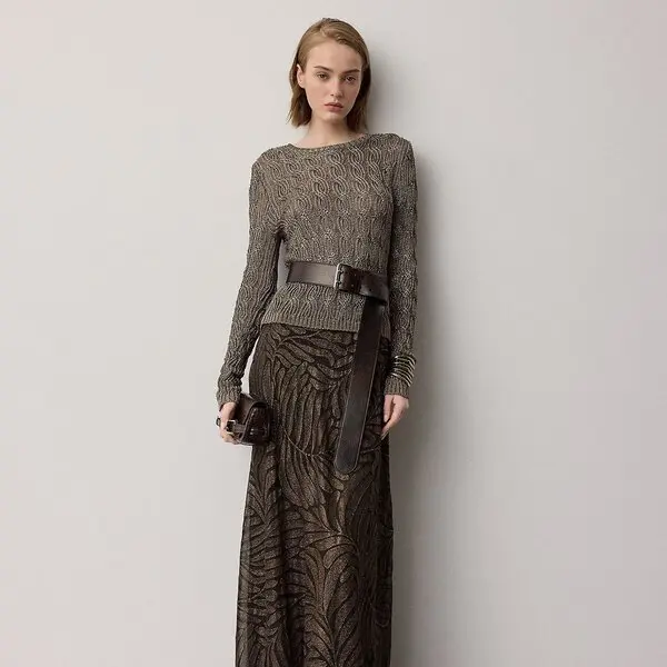Ralph Lauren Masina Foiled Crinkle Chiffon Skirt - Espresso Multi