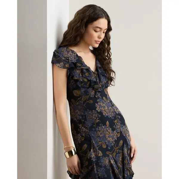 Ralph Lauren Floral Ruffle-trim Georgette Gown