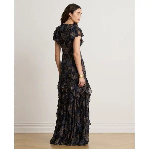Ralph Lauren Floral Ruffle-trim Georgette Gown