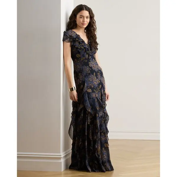 Ralph Lauren Floral Ruffle-trim Georgette Gown