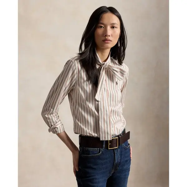 Ralph Lauren Slim Fit Striped Cotton Tie-neck Shirt