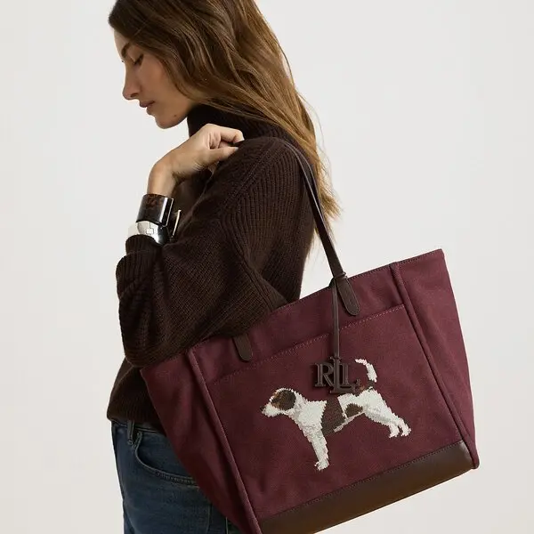 Ralph Lauren Dog Embroidered Large Tote Bag - Dark Garnet/brown