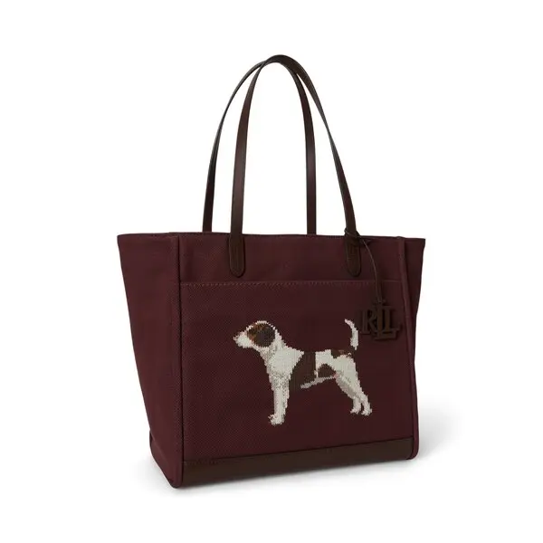 Ralph Lauren Dog Embroidered Large Tote Bag - Dark Garnet/brown