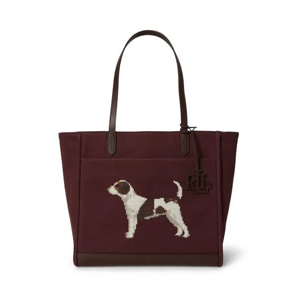 Ralph Lauren Dog Embroidered Large Tote Bag - Dark Garnet/brown