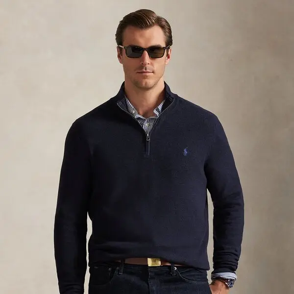 Ralph Lauren Cotton Mesh-knit Quarter-zip Sweater - Navy Heather