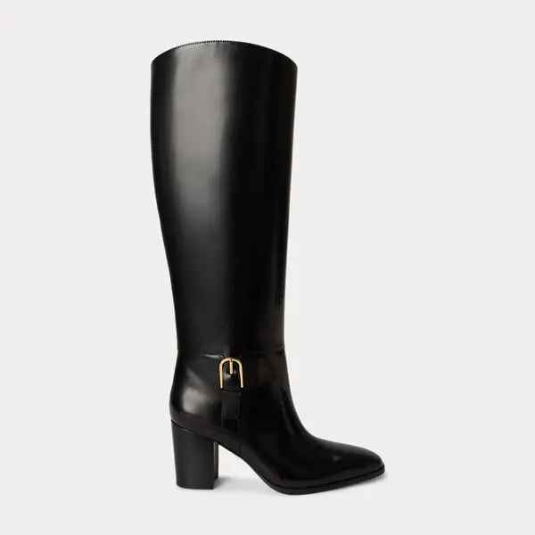 Ralph Lauren Raelynn Glazed Leather Tall Boot Heel - Black
