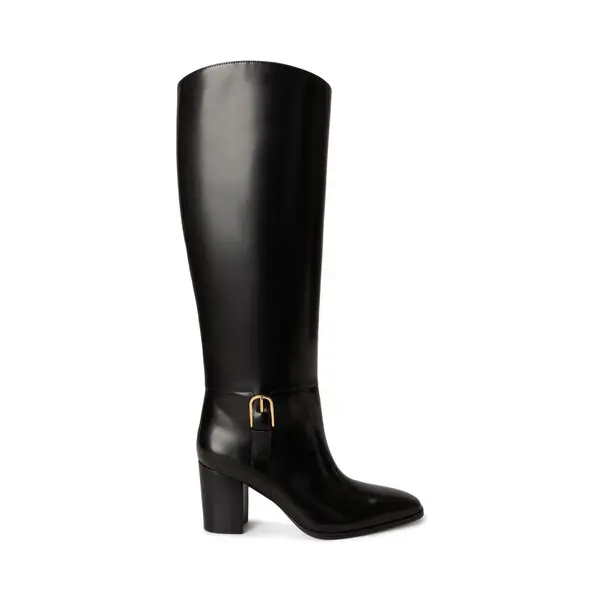 Ralph Lauren Raelynn Glazed Leather Tall Boot Heel - Black