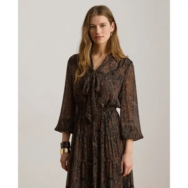 Ralph Lauren Paisley Georgette Tie-neck Tiered Dress