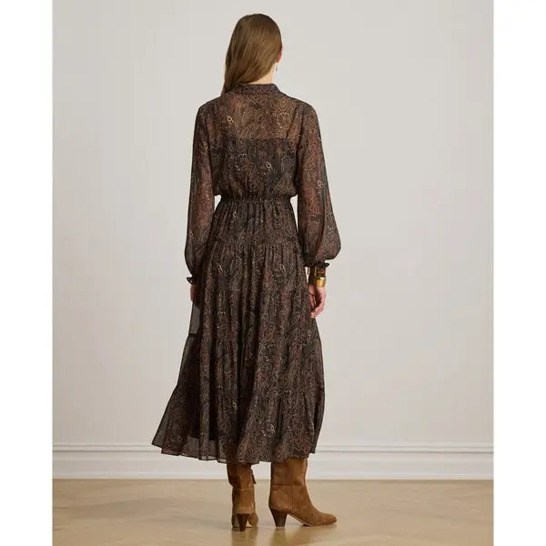 Ralph Lauren Paisley Georgette Tie-neck Tiered Dress