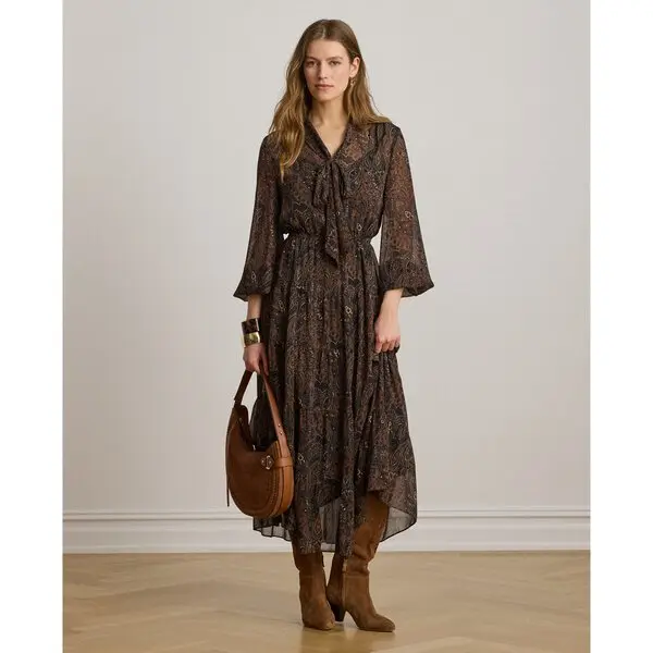 Ralph Lauren Paisley Georgette Tie-neck Tiered Dress