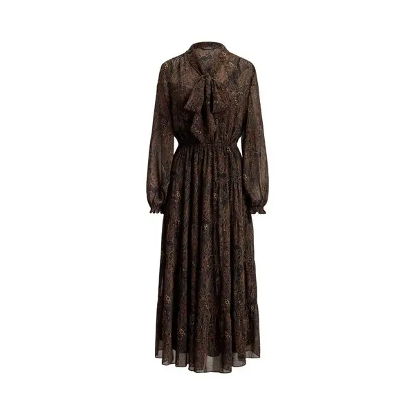 Ralph Lauren Paisley Georgette Tie-neck Tiered Dress