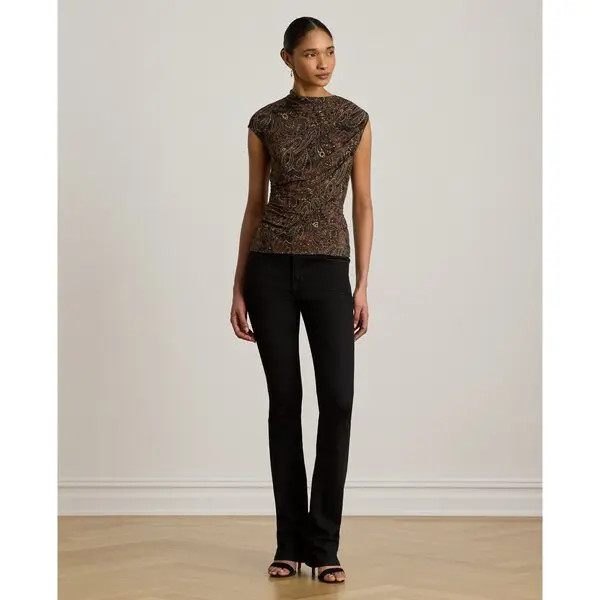 Ralph Lauren Paisley Shirred Jersey Mockneck Top