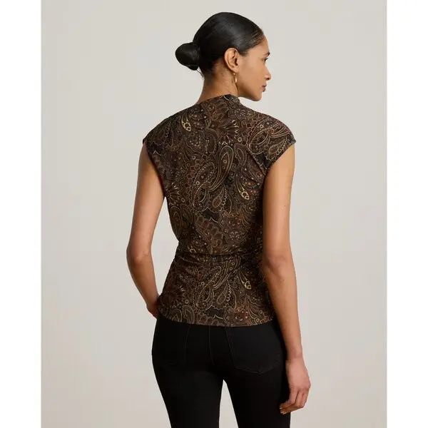Ralph Lauren Paisley Shirred Jersey Mockneck Top