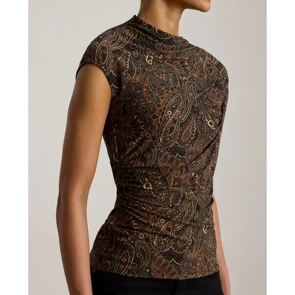 Ralph Lauren Paisley Shirred Jersey Mockneck Top