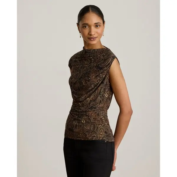 Ralph Lauren Paisley Shirred Jersey Mockneck Top