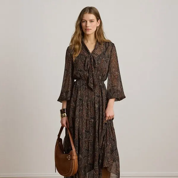 Ralph Lauren Paisley Georgette Tie-neck Tiered Dress - Black Multi