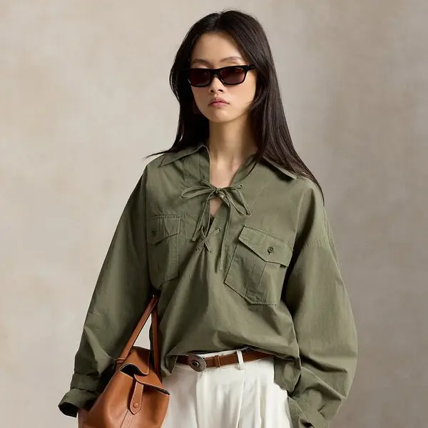 Ralph Lauren Lace-up Cotton Shirt - Olive