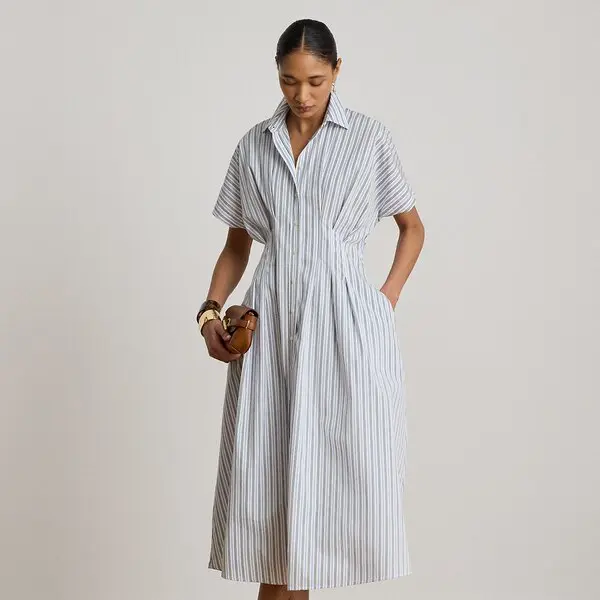 Ralph Lauren Striped Pleated Broadcloth Shirtdress - Blue Multi