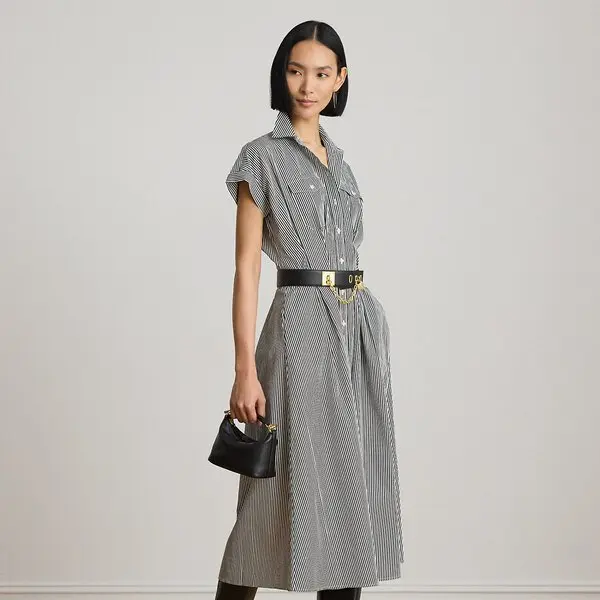 Ralph Lauren Striped Pleated Broadcloth Shirtdress - Black/white