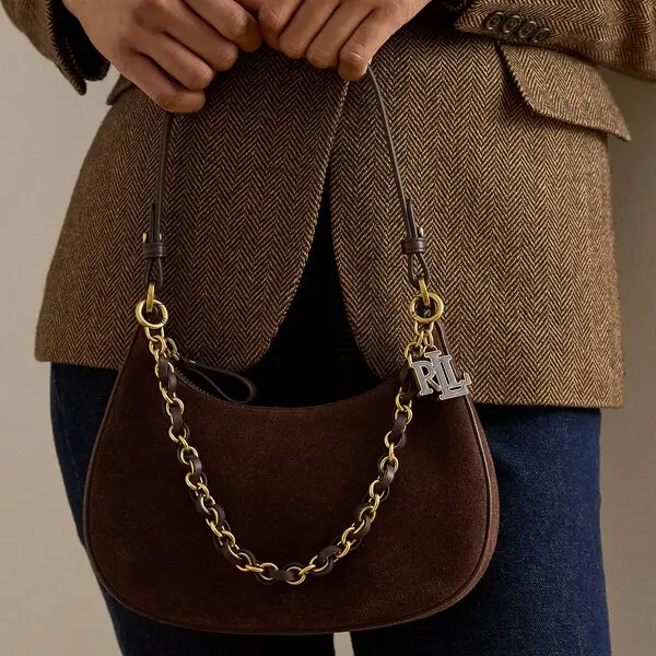 Ralph Lauren Suede Medium Marcy Zip Shoulder Bag - Chestnut Brown