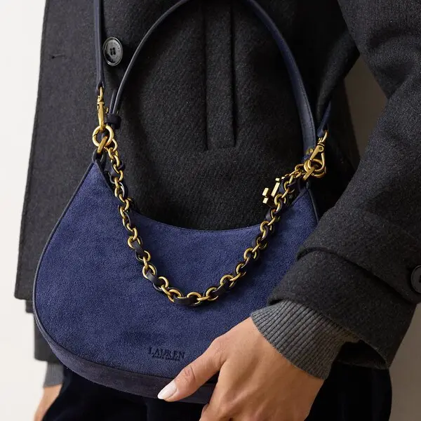 Ralph Lauren Marcy Suede Medium Zip Shoulder Bag - Refined Navy