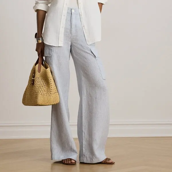 Ralph Lauren Pinstripe Linen Wide-leg Cargo Pant - Blue Multi