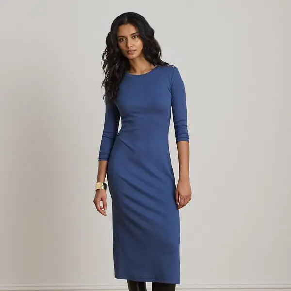 Ralph Lauren Button-trim Rib-knit Midi Dress